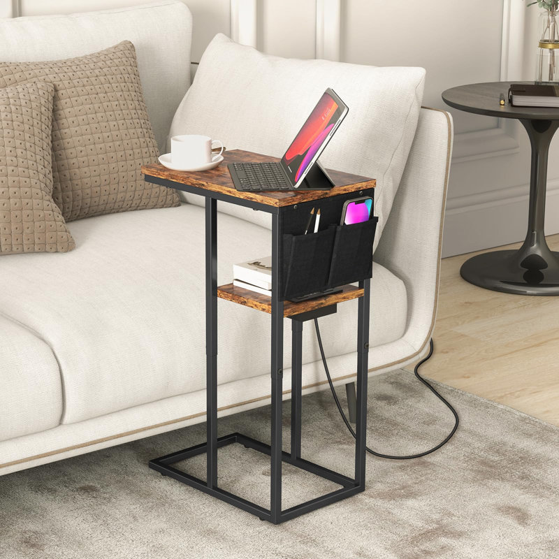 C Shaped End Table With Charging Station Storage Pocket Modern Narrow Side Table For Living Room Couch Bedside And Laptop Use